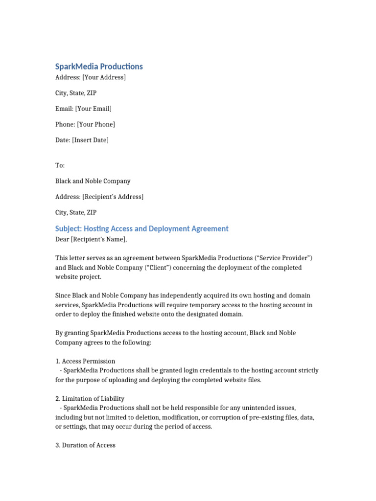 Hosting Access Agreement for Website Deployment | PDF