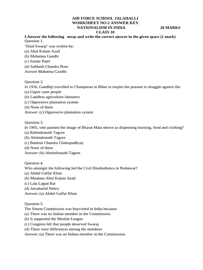 Worksheet 2 HISTORY KEY | PDF | Mahatma Gandhi | Indian Nationalism