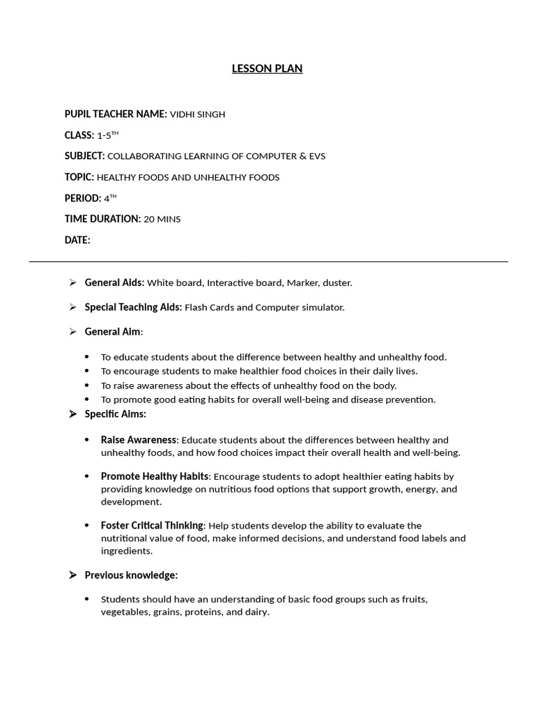 Lesson Plan 1 | PDF | Foods | Healthy Diet