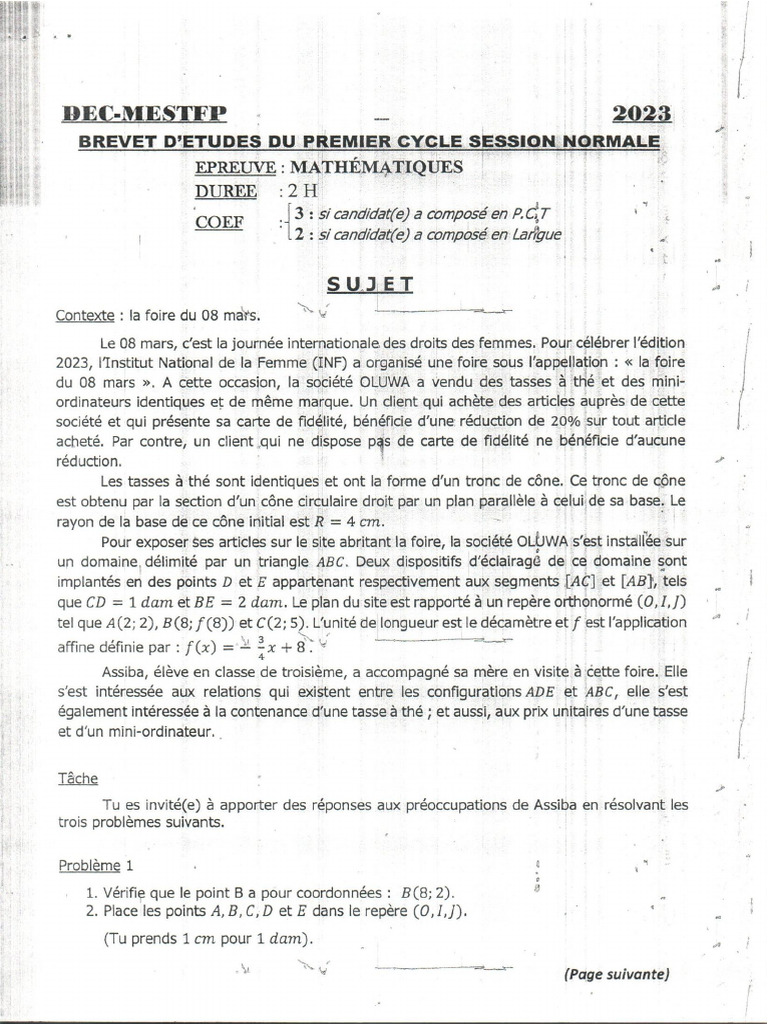 Epreuve Bepc 2023 Mathématiques Benin - Copie | PDF