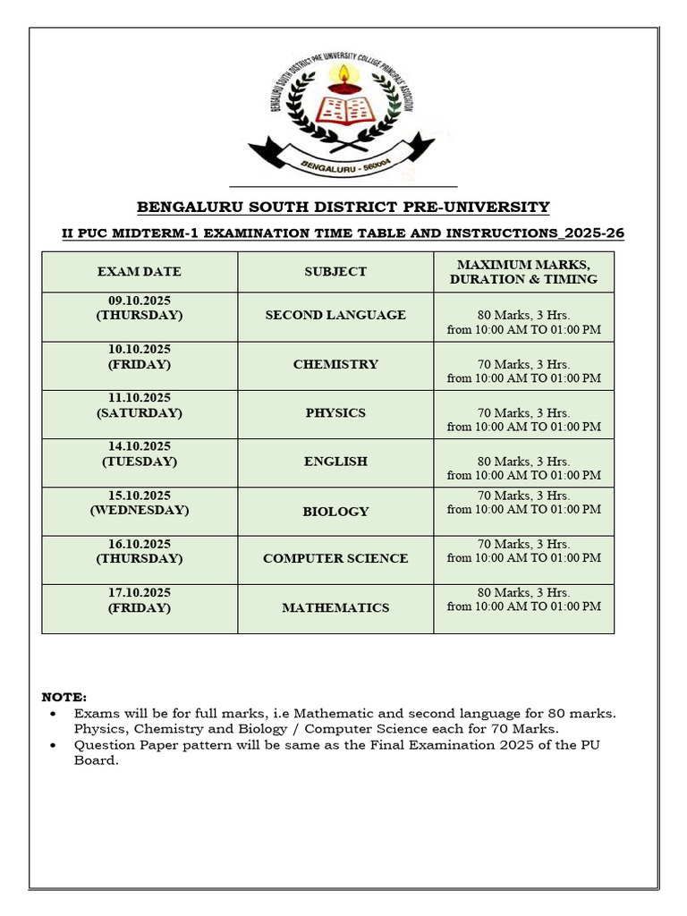 I & II Puc Midterm-1 Examination Time Table | PDF