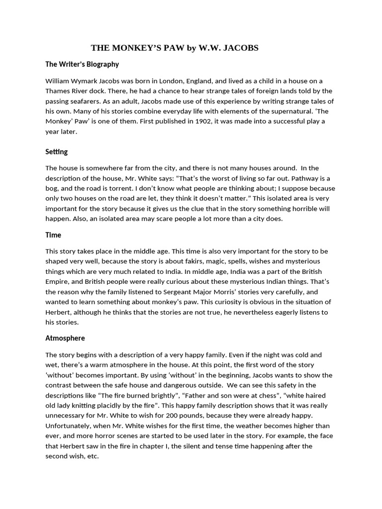 The Monkey's Paw Analysis | PDF | Luck | Narration