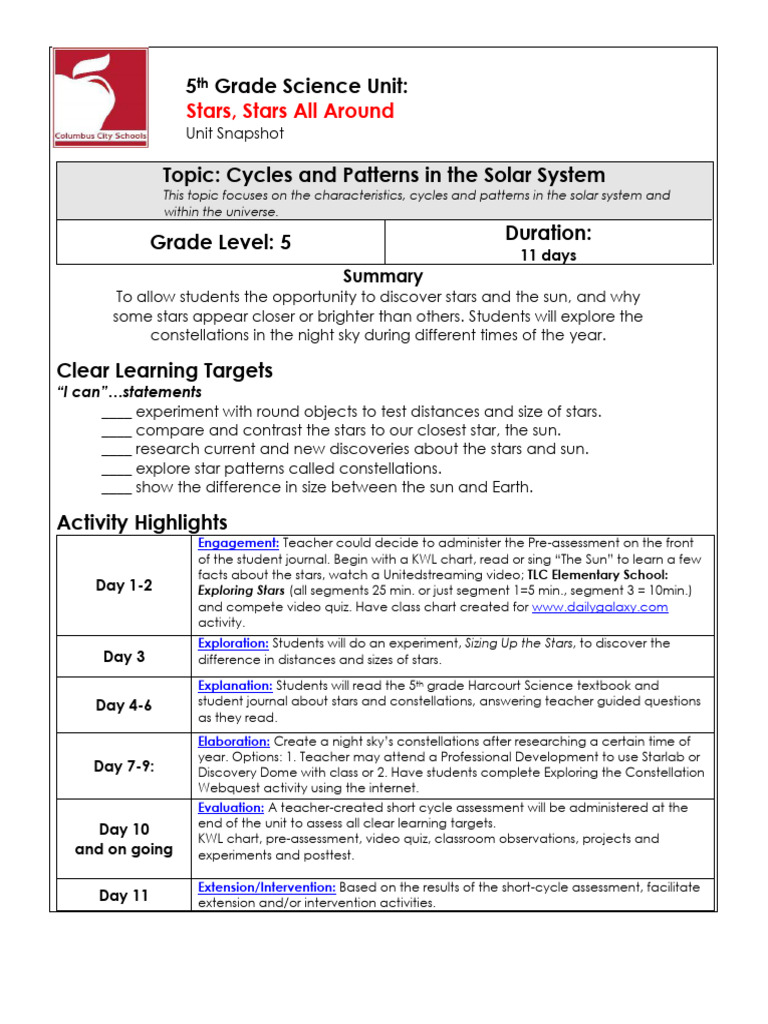 5th Grade Science Unit: Stars & Solar System | PDF | Stars | Sun