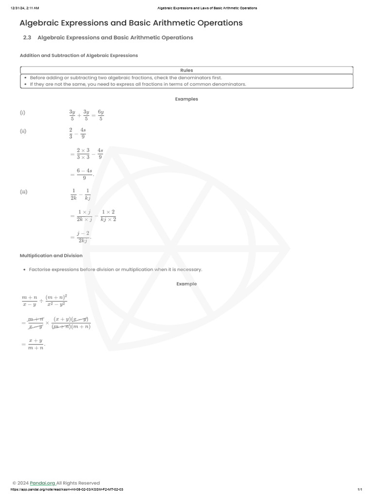 Algebraic Expressions and Laws of Basic Arithmetic Operations | PDF ...