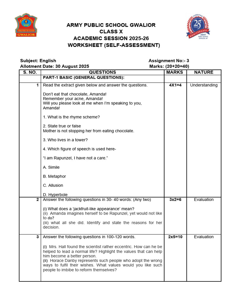 Army Public School Gwalior Class X Academic Session 2025-26 Worksheet ...