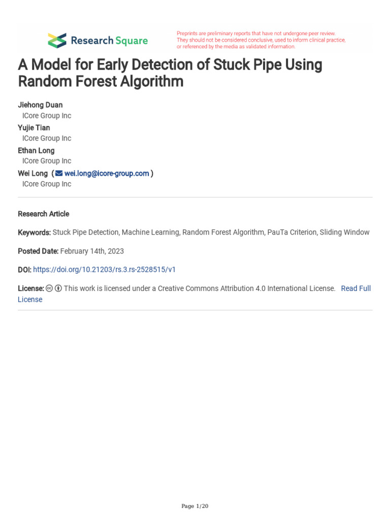 A Model for Early Detection of Stuck Pipe Using Random Forest Algorithm | PDF | Machine Learning