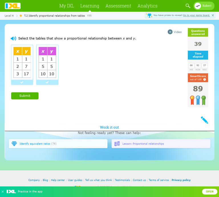 IXL Identify Proportional Relationships From Tables Level H Math | PDF
