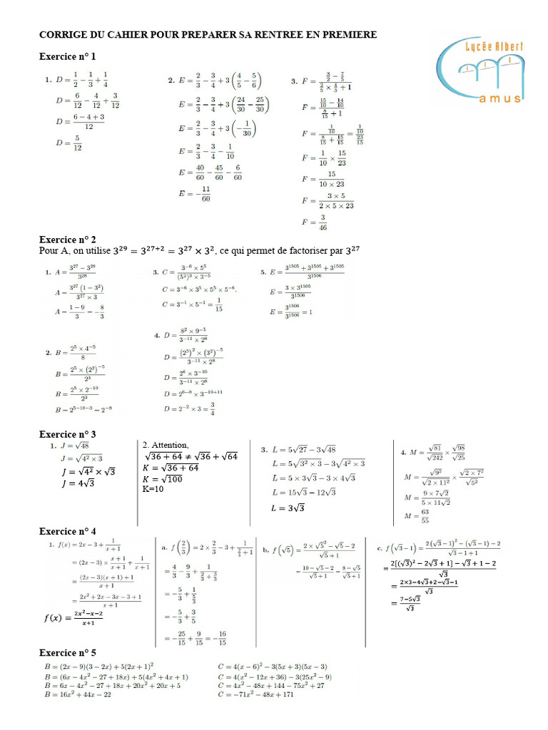 Corrigé Cahier Maths Prépa 1ère | PDF