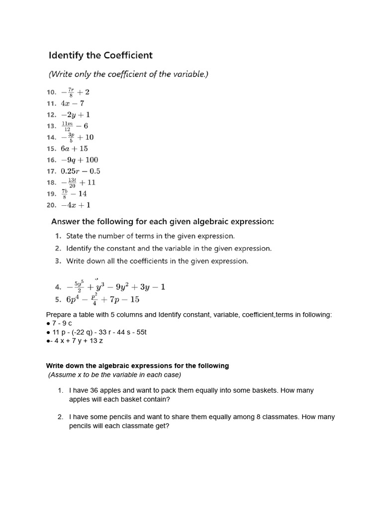 Algebraic Expressions and Variables Guide | PDF