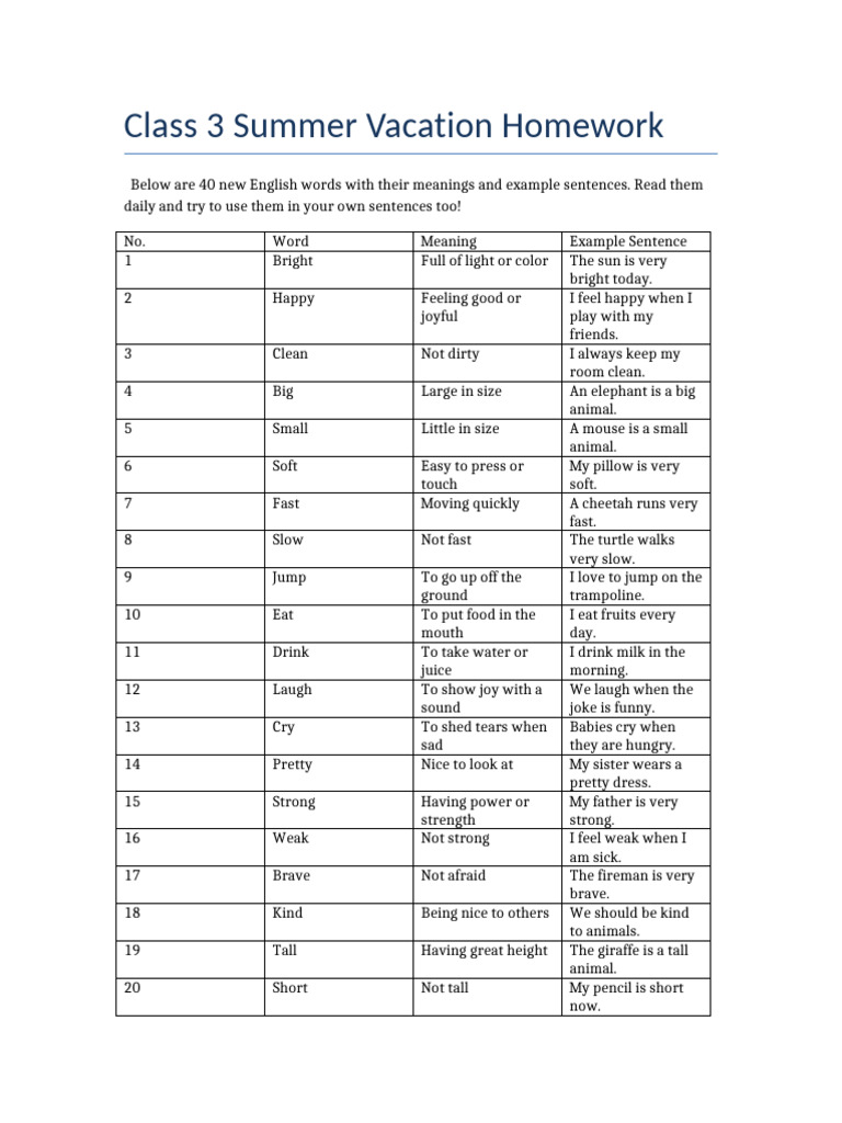 Class 3 Summer Vocab Homework | PDF
