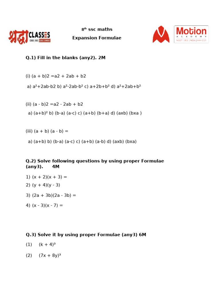 Class 8 Expansion Formula Worksheet | PDF