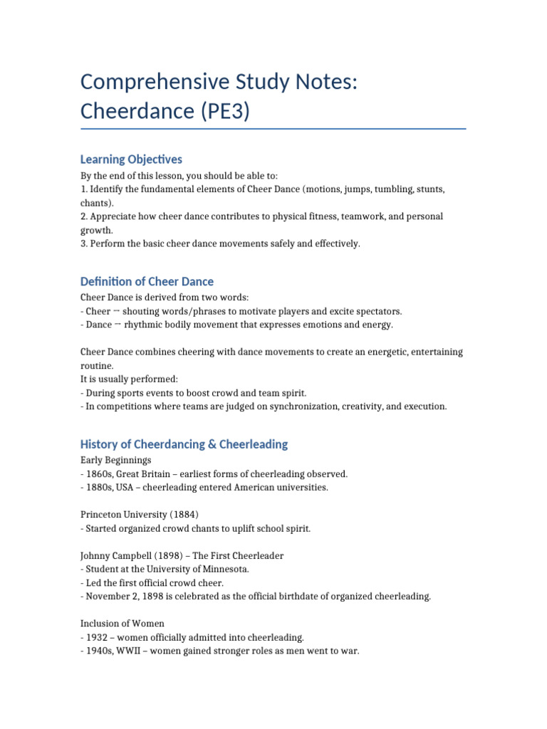 Cheerdance Study Notes | PDF | Cheerleading | Physical Exercise