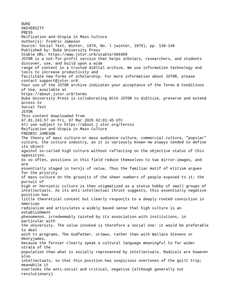 Jameson - 1979 - Reification and Utopia in Mass Culture | PDF | Theodor W. Adorno