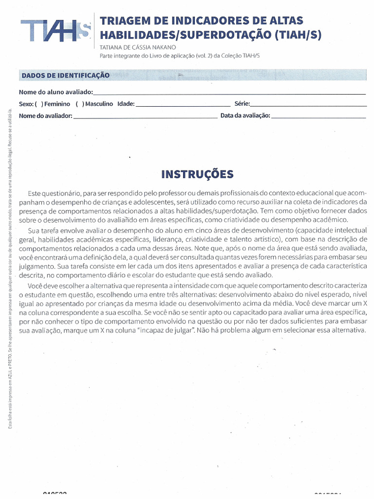 823566210 Triagem de Indicadores de Altas Habilidades Superdotac a o TIAH S | PDF