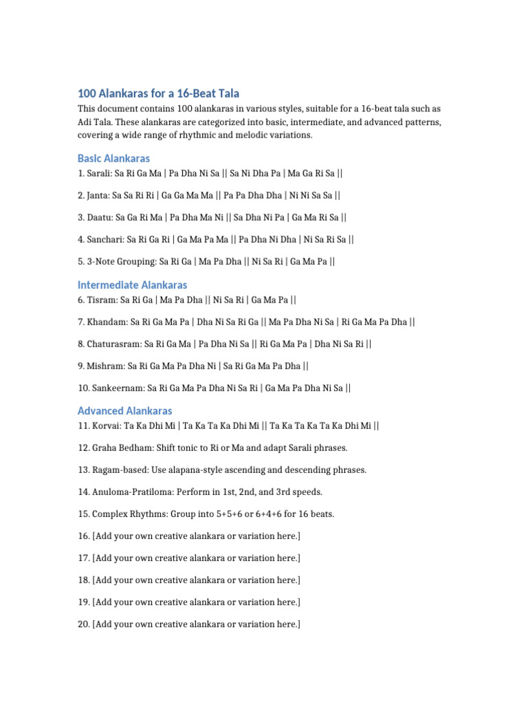 100 Alankaras For 16 Beat Tala | PDF | Chess Theory | Chess