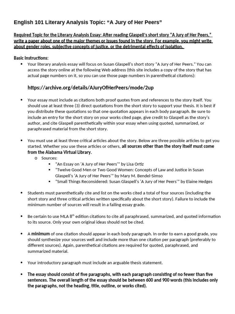 2021 ENG 101 Literary Analysis Essay Topic and Instructions A Jury of ...