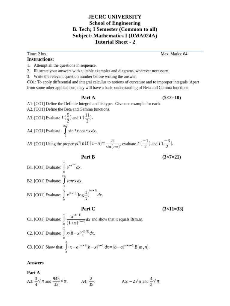B. Tech Mathematics I Tutorial Sheet | PDF | Integral | Mathematical ...