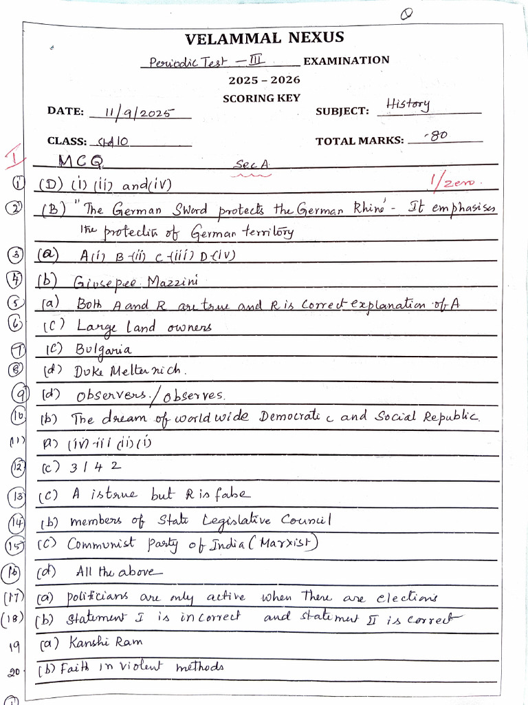 History PT - 3 Answer Key Class X | PDF