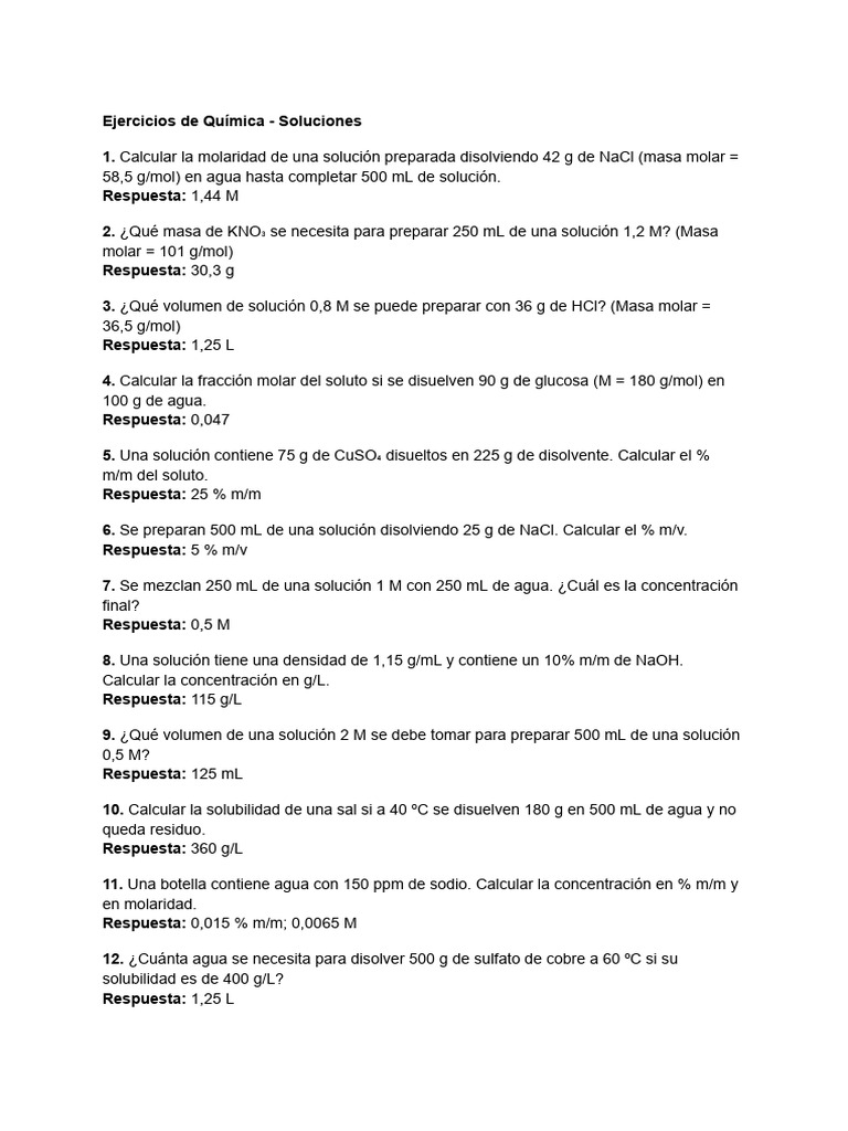 Ejercicios de Química - Soluciones Chatgpt | PDF | Concentración ...