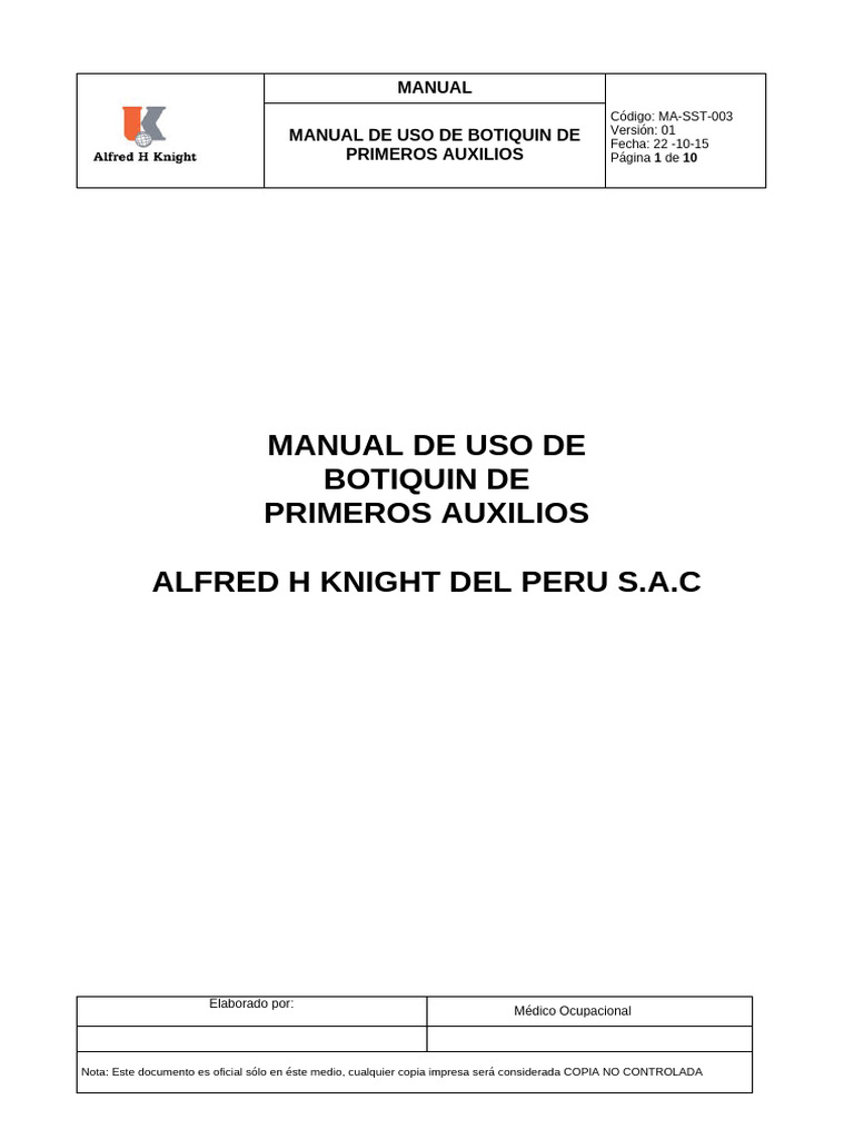 MA-SST-03 MANUAL DE USO DE BOTIQUIN DE PRIMEROS AUXILIOS - REVISADO (1) | PDF | Primeros ...