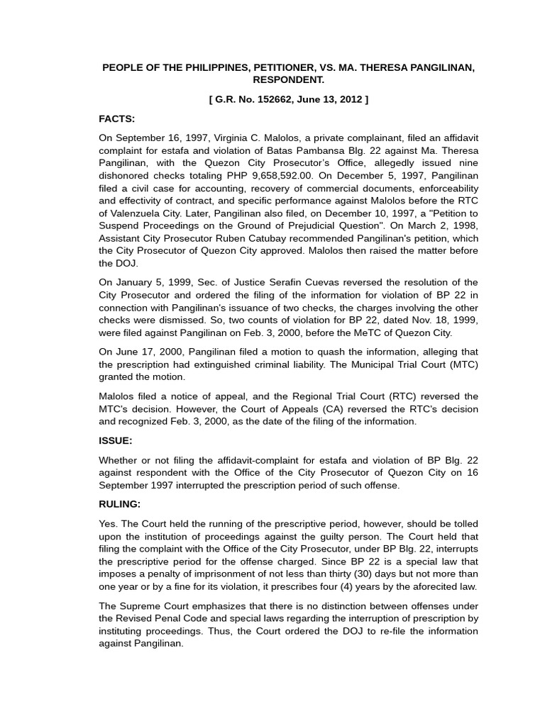 Estafa Case: People v. Pangilinan | PDF | Statute Of Limitations ...