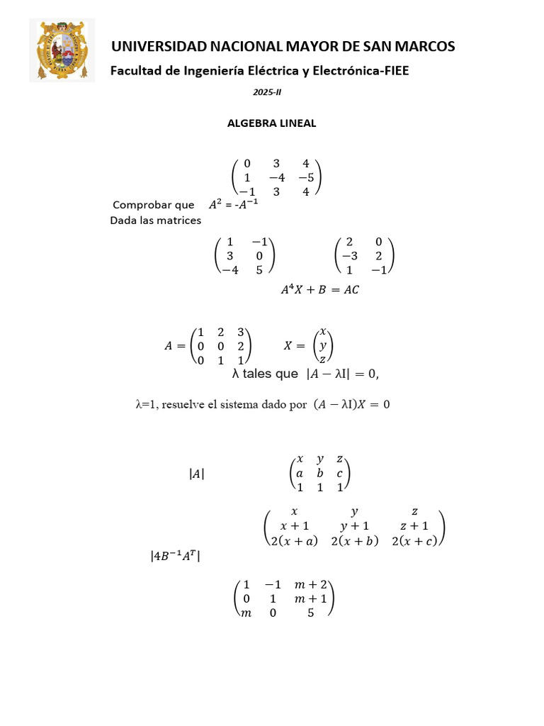 PC1 ALGEBRA LINEAL FREDY MENDOZA G1 | PDF | Matriz (Matemáticas) | Determinante