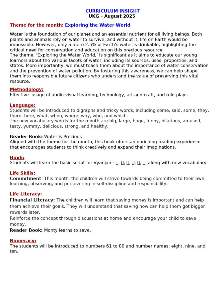 Curriculum Insight - Sr. KG - Unit 4 | PDF | Water | Behavior Modification