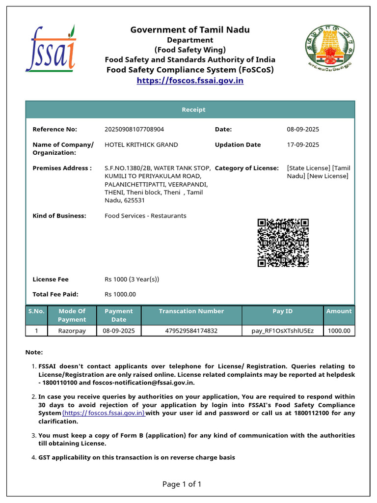 Tamil Nadu Food License Receipt 2025 | PDF