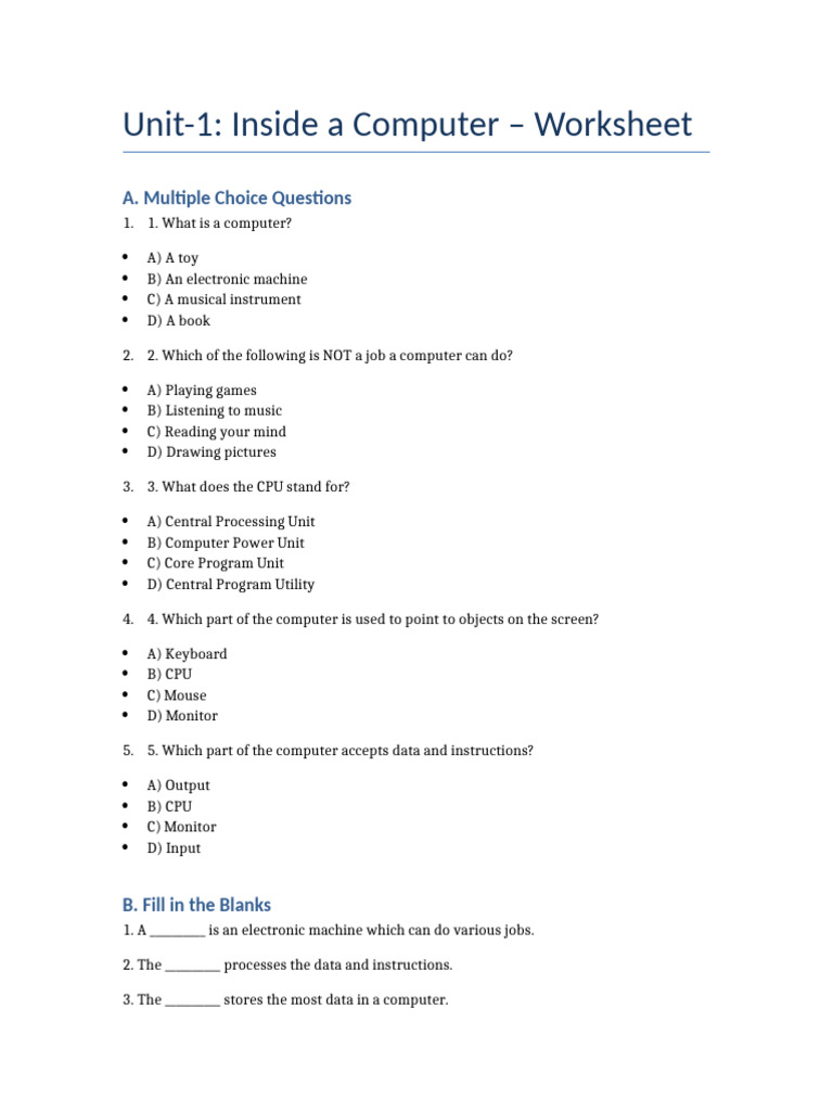 Inside a Computer Grade3 Worksheet With Answers (3) | PDF