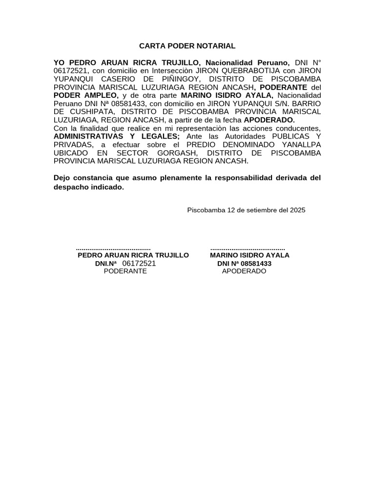 Carta Poder Notarial en Ancash | PDF