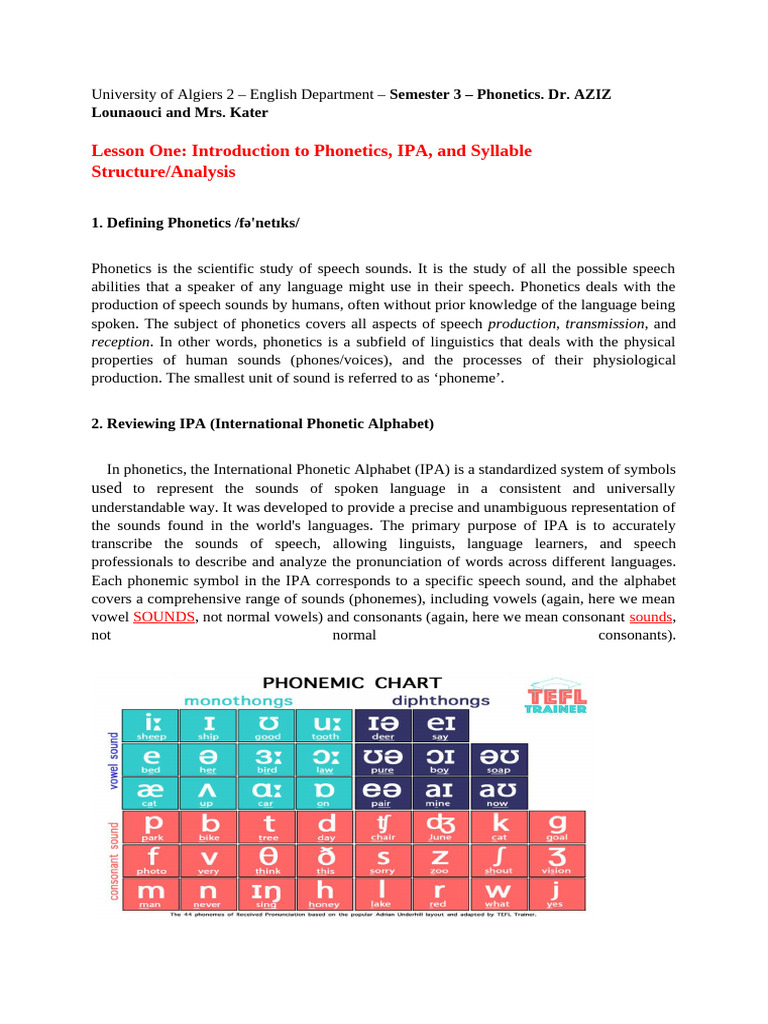 Lesson One S3 Introduction To Phonetics | PDF | Syllable | Consonant