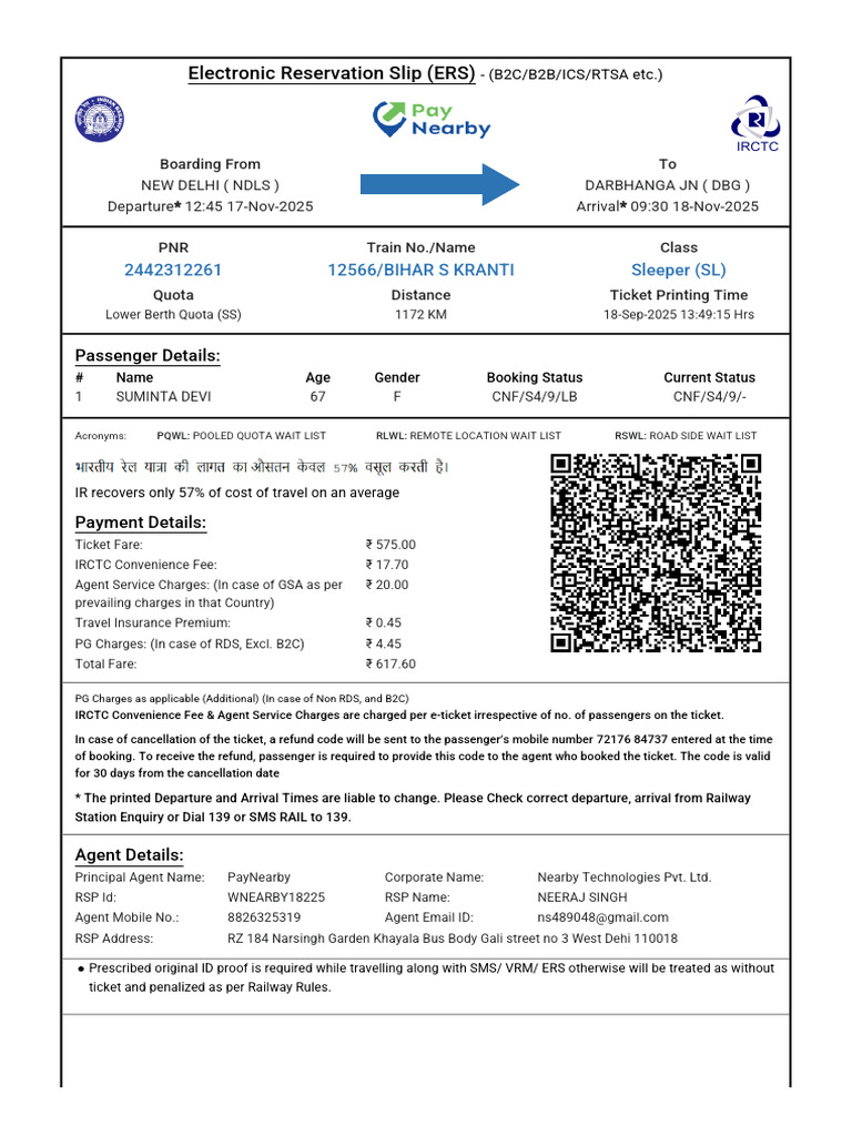 New Delhi to Darbhanga Train Ticket ERS | PDF | Identity Document