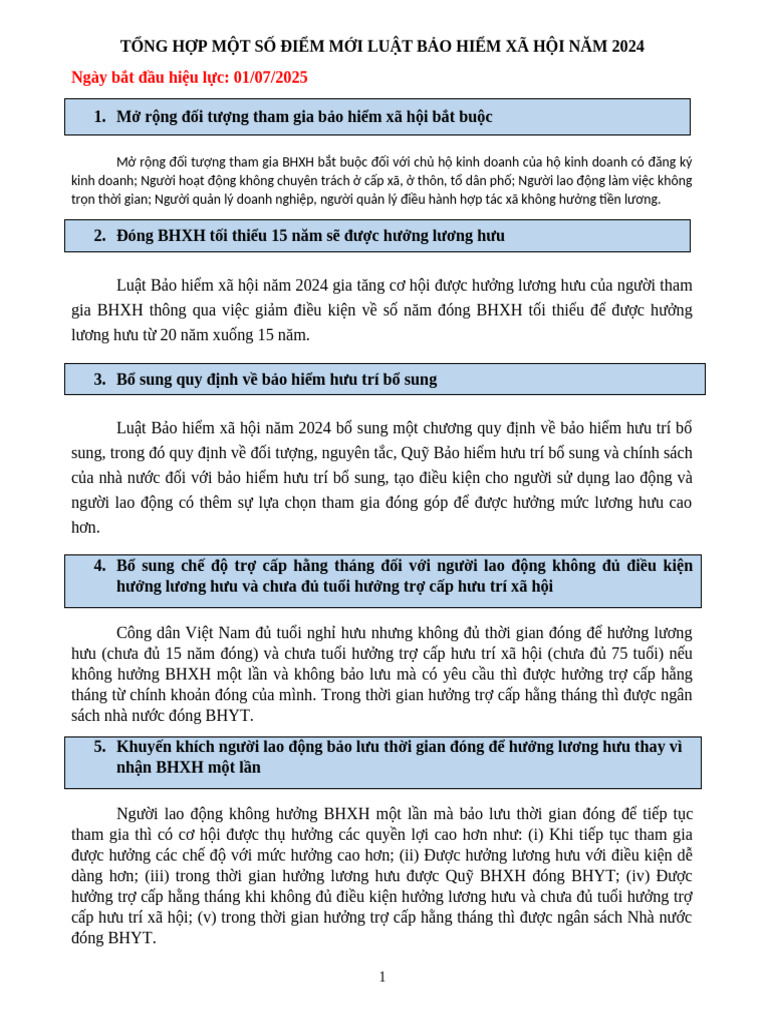 Mot So Diem Moi Luat Bao Hiem Xa Hoi 2024 (Hieu Luc 01.07.2025) | PDF