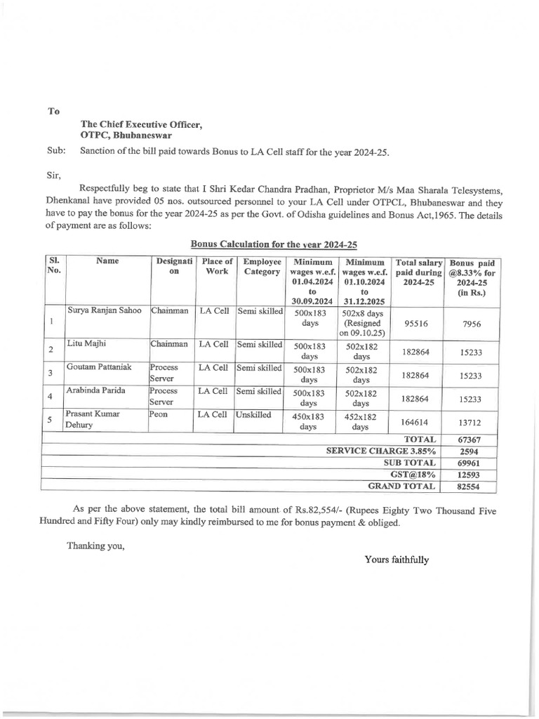 Bonus Calculation For LA Cell For FY 2024-25 | PDF