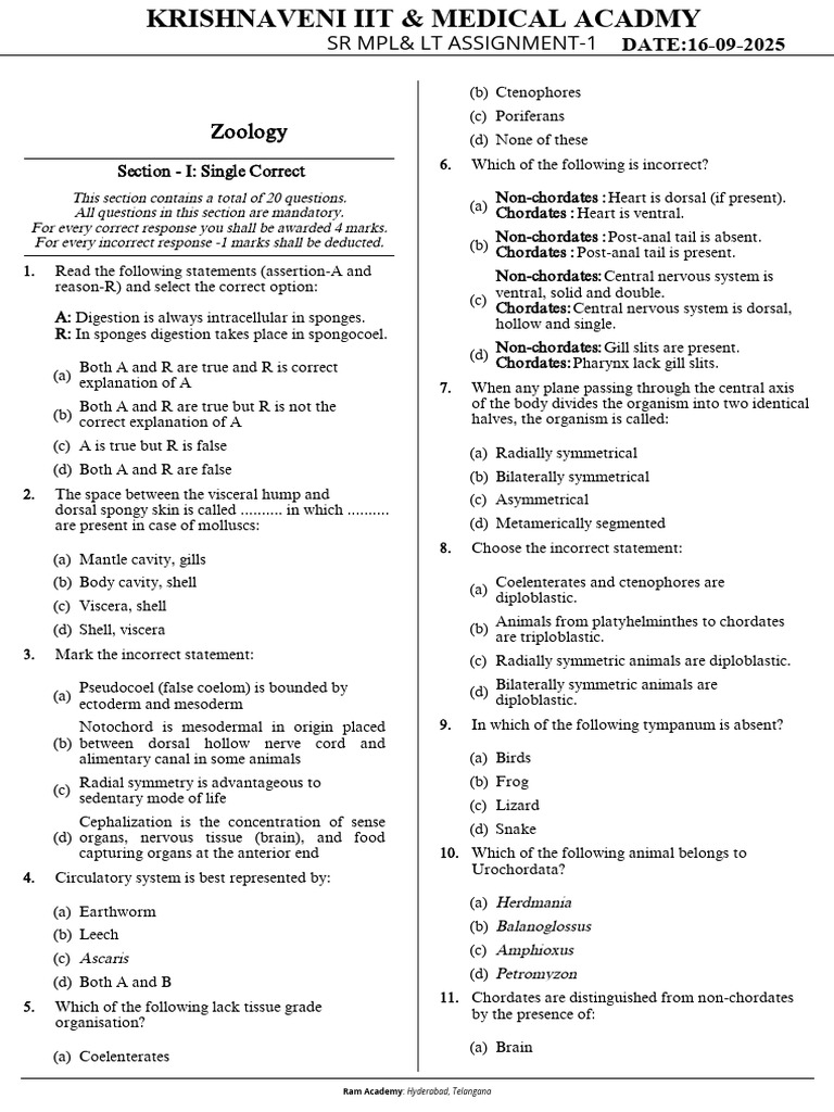 SR MPL LT Assignment 1-Zoology | PDF | Zoology