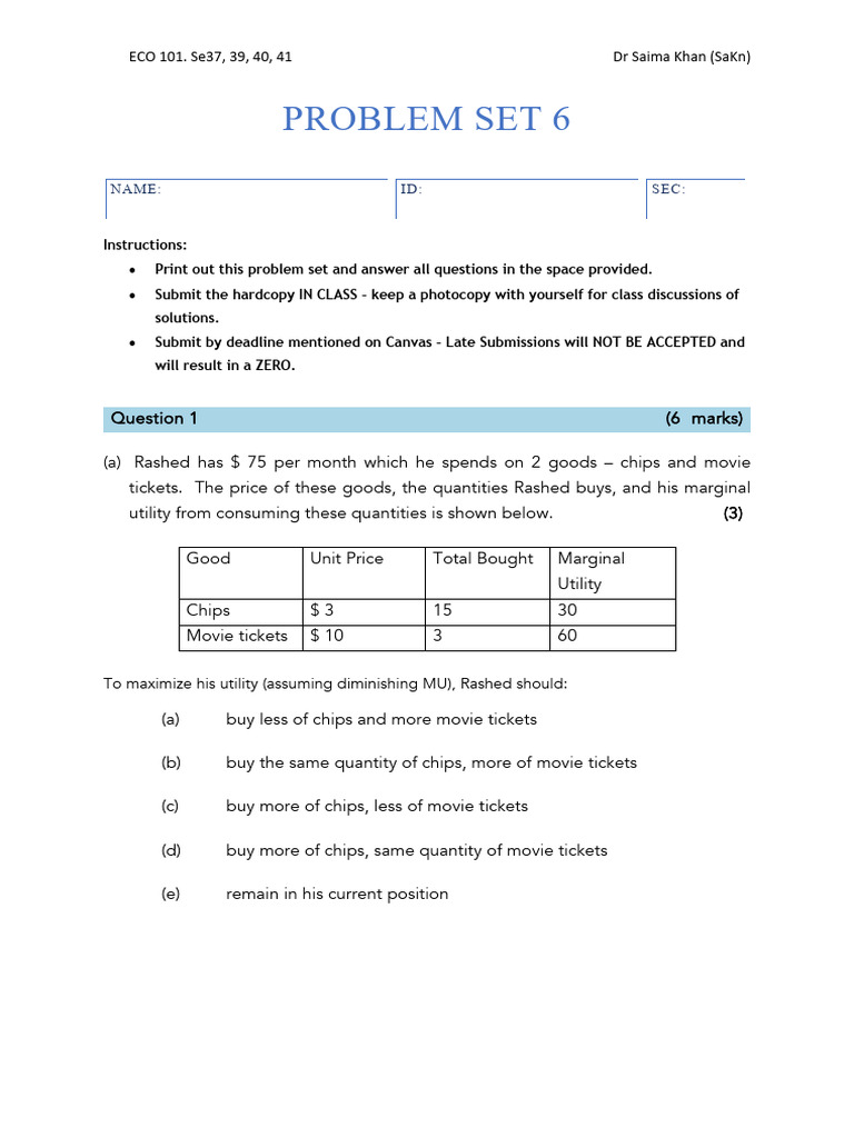 ECO 101 Problem Set 6: Utility & Costs | PDF | Utility | Marginal Cost