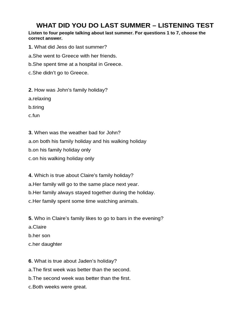 Summer Listening Test for English Learners | PDF