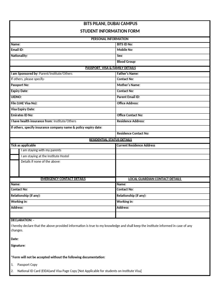 BITS Pilani Dubai Campus Student Form | PDF | Travel Visa | Government ...