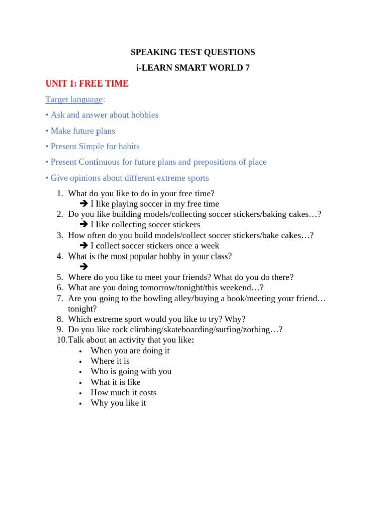 Speaking Test Questions - Unit 1 | PDF