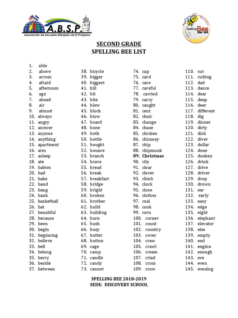 Second Grade Spelling Bee List 2018-2019 | PDF