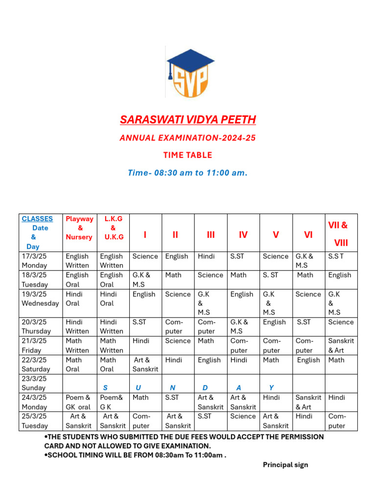 Time Table Annual Examination | PDF