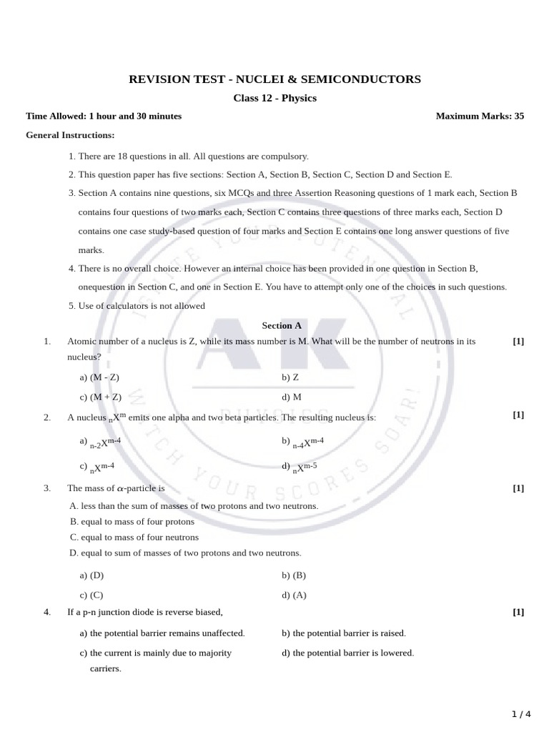 Revision Test: Nuclei & Semiconductors | PDF | Atomic Nucleus | Neutron