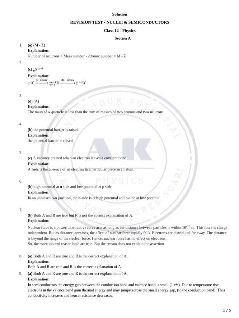 Rev Test - Nuclei - Semiconductors - Solution | PDF | Atomic Nucleus ...