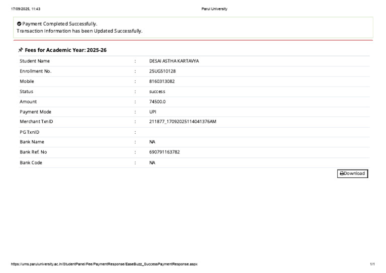 Parul University - FEES - 1 | PDF