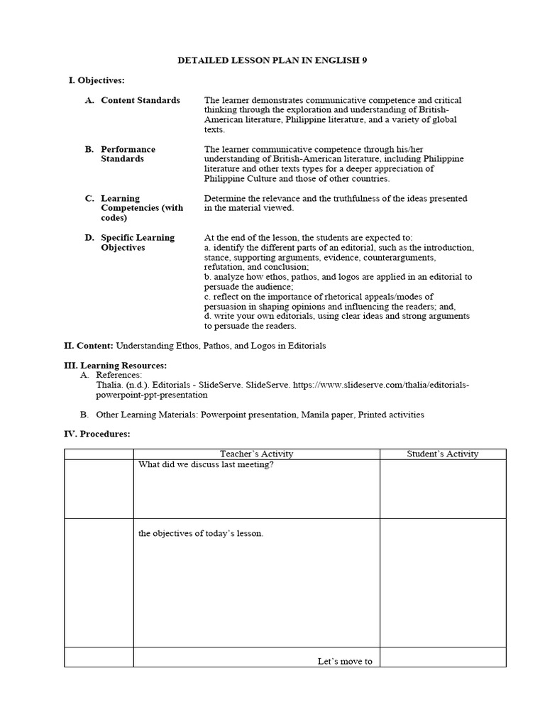 Lesson Plan in Understanding Ethos, Pathos, And Logos in Editorials ...