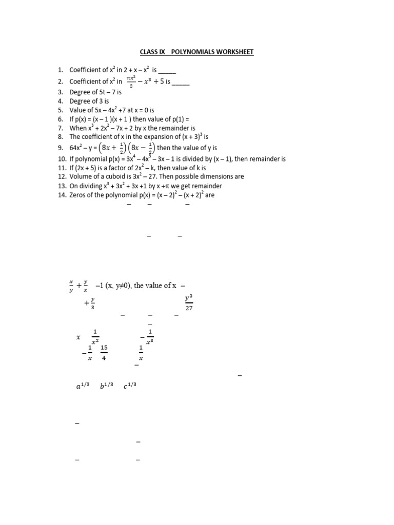 Class Ix Polynomials Worksheet | PDF | Factorization | Discrete Mathematics