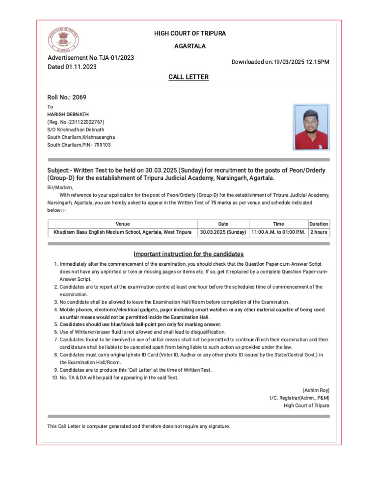 High Court of Tripura - Call Letter | PDF