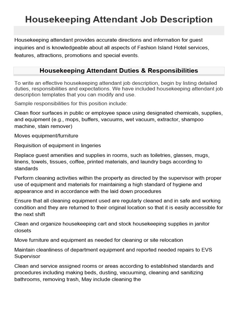 Housekeeping Attendant Job Overview | PDF | Housekeeping | Hygiene