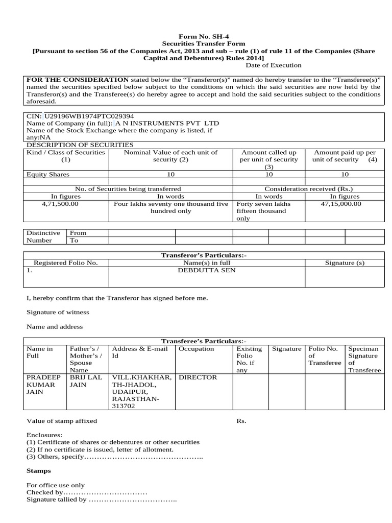 Form SH 4 Share Transfer 13.204 | PDF | Securities (Finance) | Financial Economics