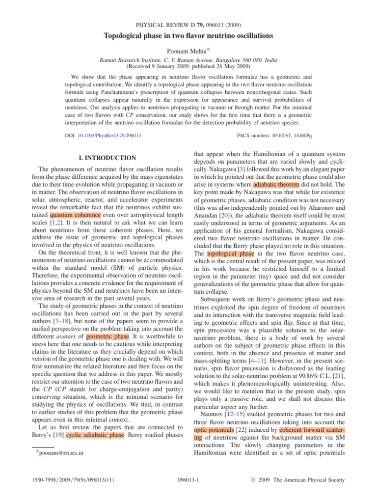 Topological Phase in Neutrino Oscillations | PDF | Neutrino ...